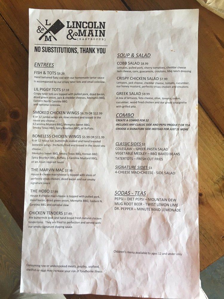 Menu at Lincoln & Main restaurant, Urbana