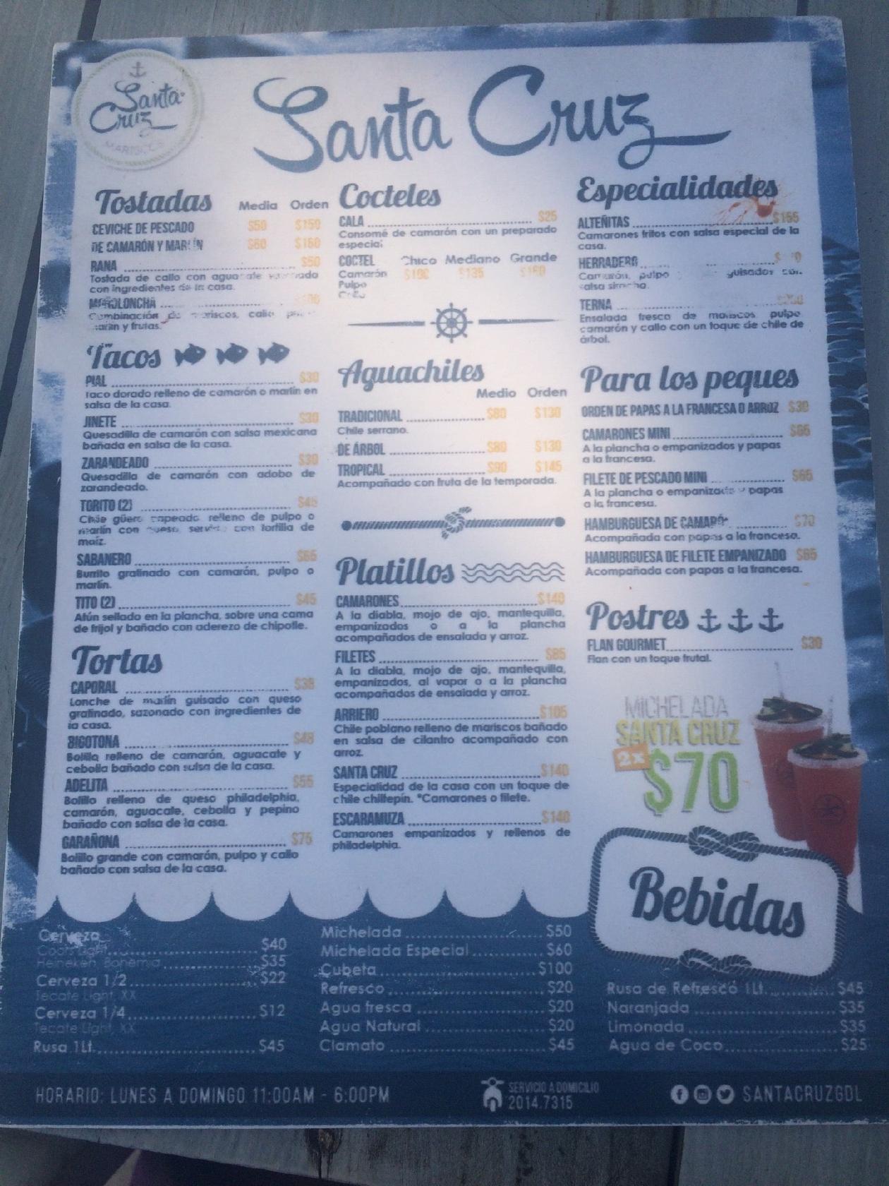 Carta del restaurante Santa Cruz, Guadalajara