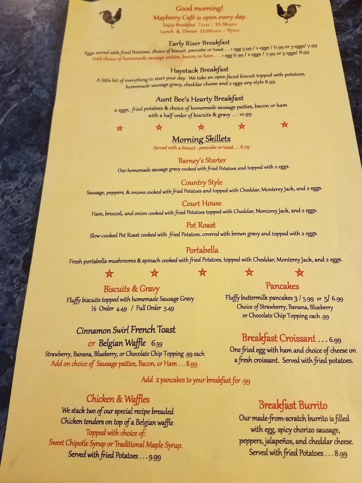 Menu at Mayberry Cafe, Danville