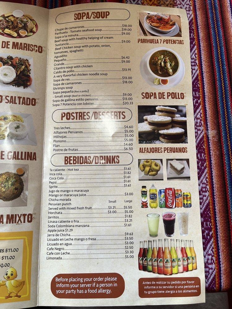 Carta del restaurante Pollos A La Brasa El Chalan, Boston, 405 Chelsea St