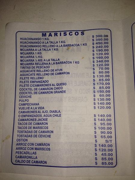 Menu at Restaurante El Camarón, Acapulco