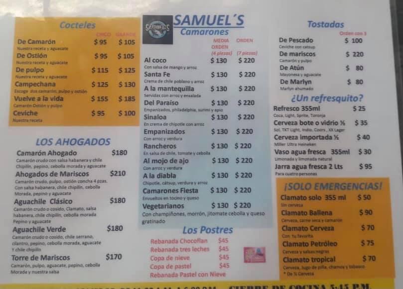 Menu at Samuels restaurant, Delicias