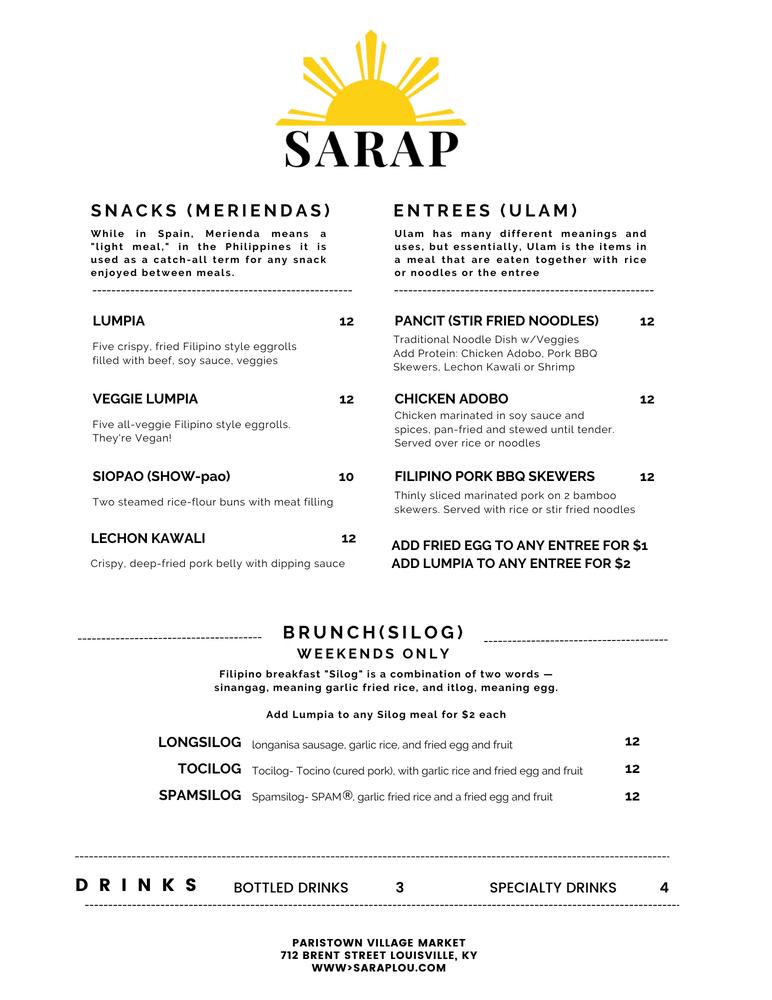 Carta del restaurante Sarap Filipino Eatery, Louisville