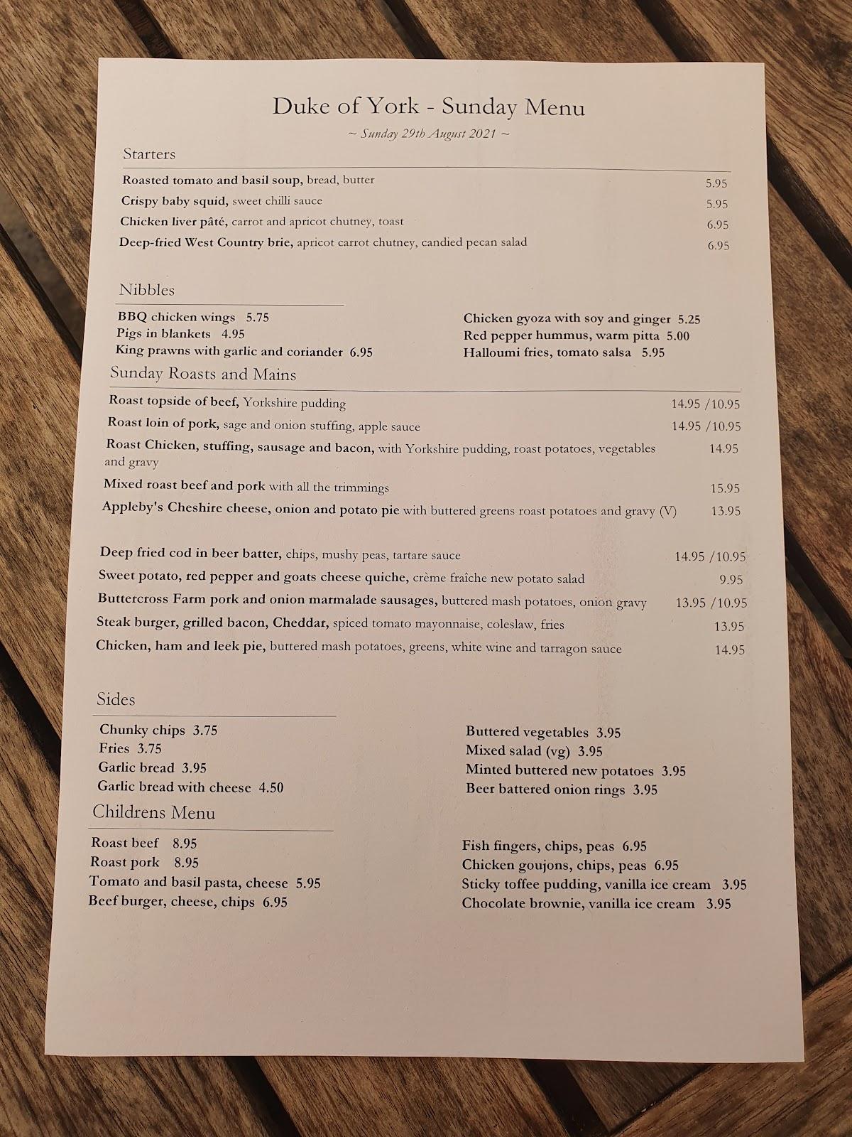 Menu at The Duke of York pub & bar, Barnet, Barnet Rd