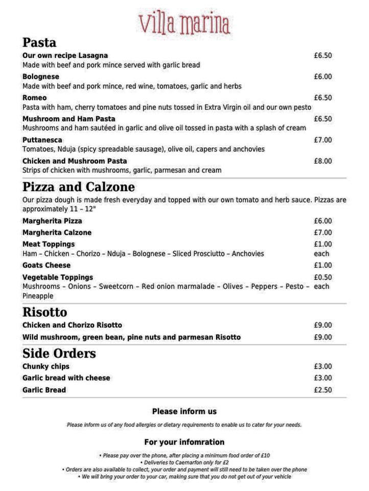 Menu at Villa Marina restaurant, Caernarfon