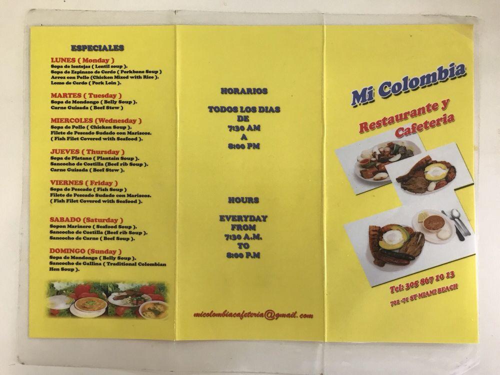 Menu at Mi Colombia cafeteria Miami Beach, Miami Beach