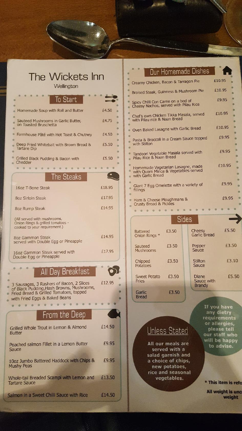 Menu at The Wickets Inn pub & bar, Leegomery