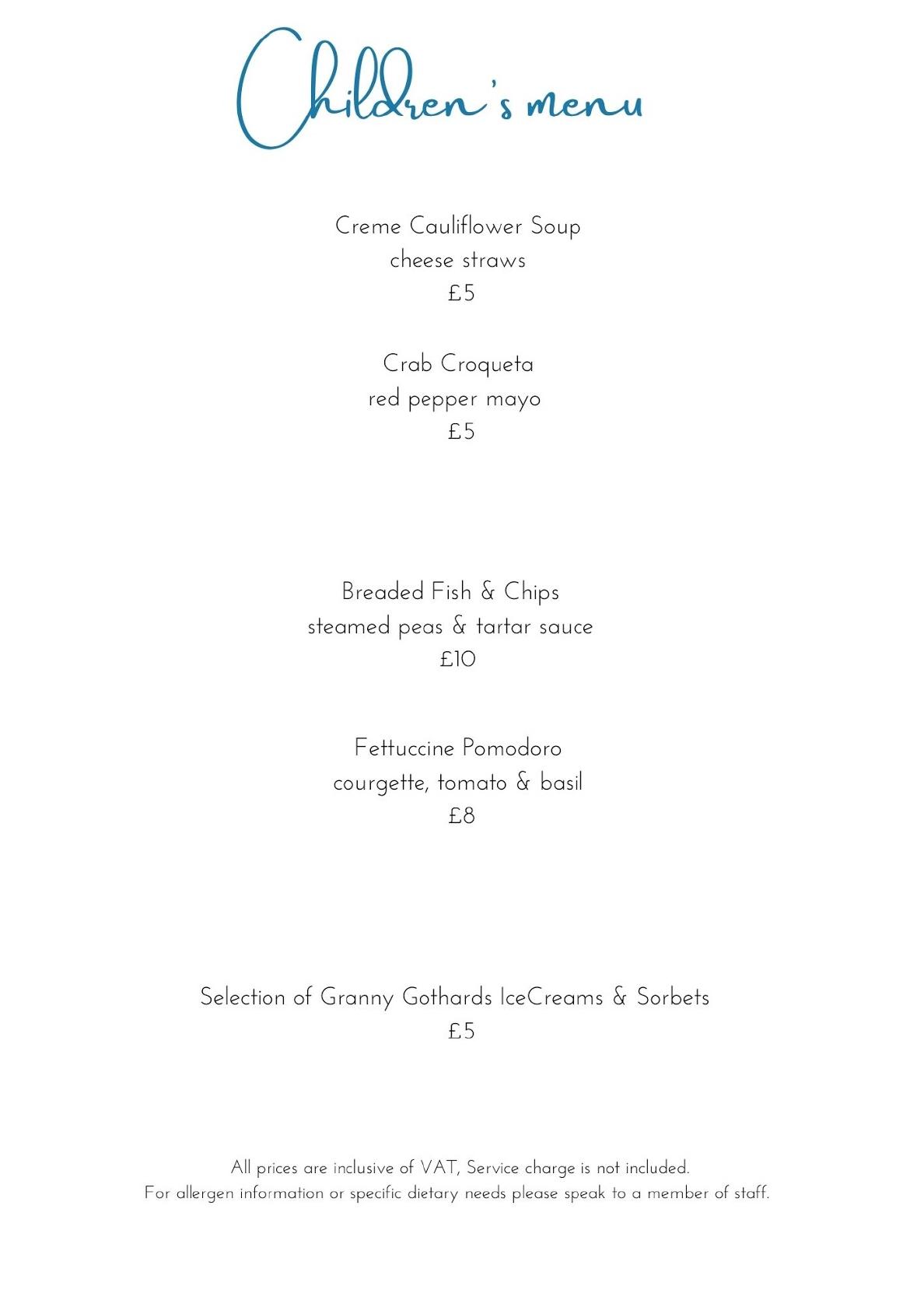 Menu at Tom's Lyme Regis restaurant, Lyme Regis