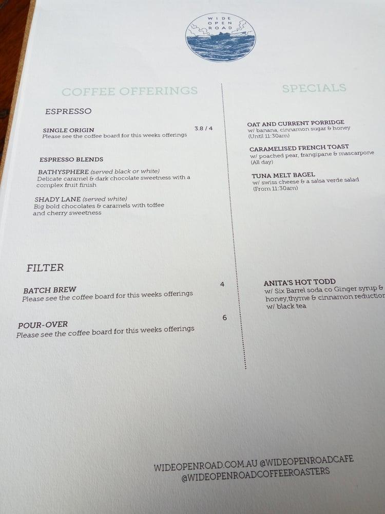 Menu at Wide Open Road Coffee Roasters cafe, Brunswick