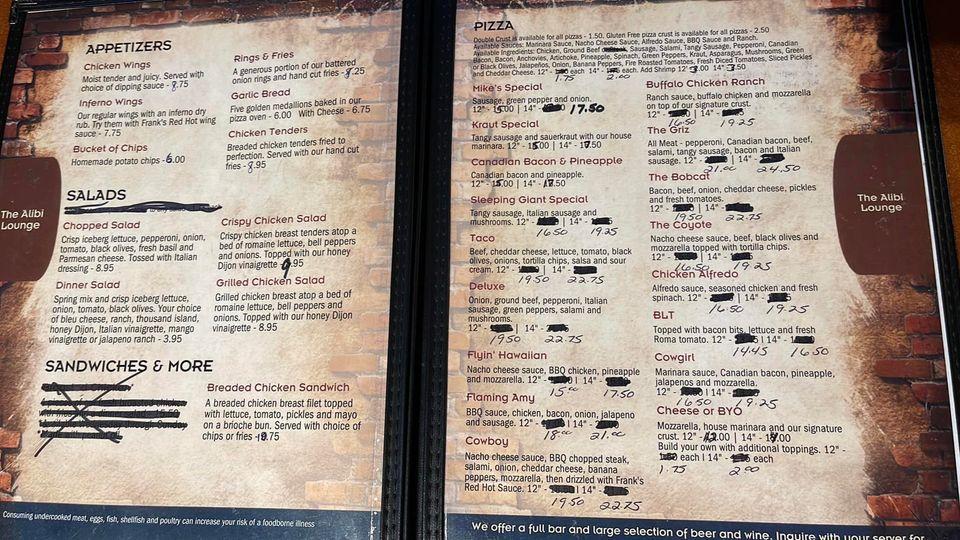 Menu at Alibi Lounge pub & bar, Shelby