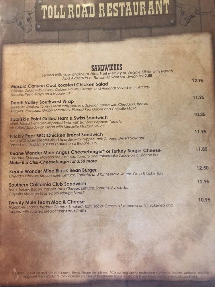 Menu at Badwater Saloon pub & bar, Stovepipe Wells, 51880 Highway 190