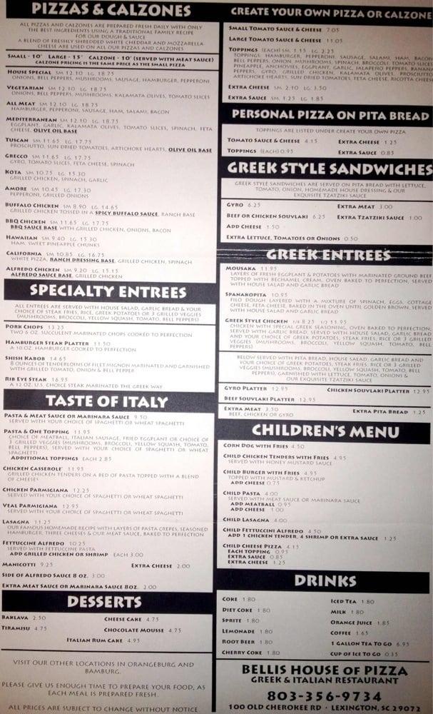 Menu at Bellis House of Pizza pizzeria, Lexington