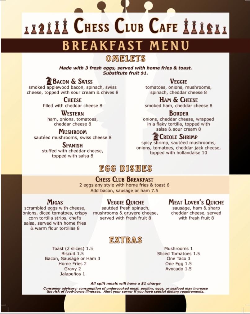 Menu at Chess Club Cafe, Blanco