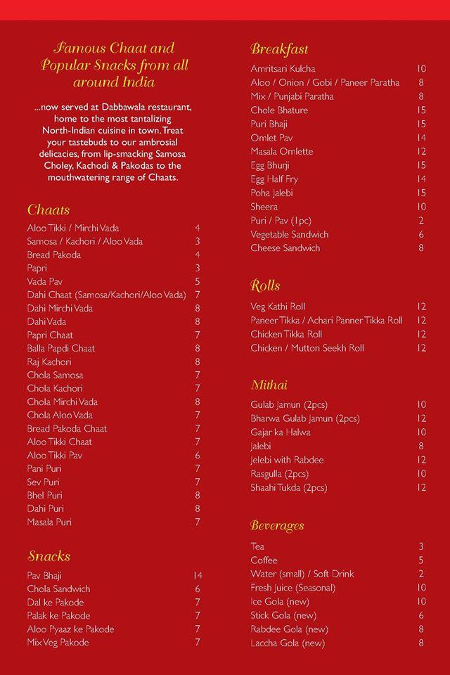 Menu at Dabbawala Restaurant, Dubai, Titanic Building