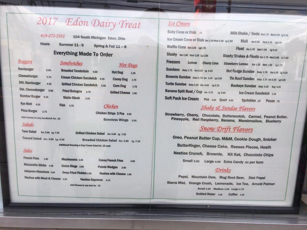 Menu at Edon Dairy Treat fast food, Edon