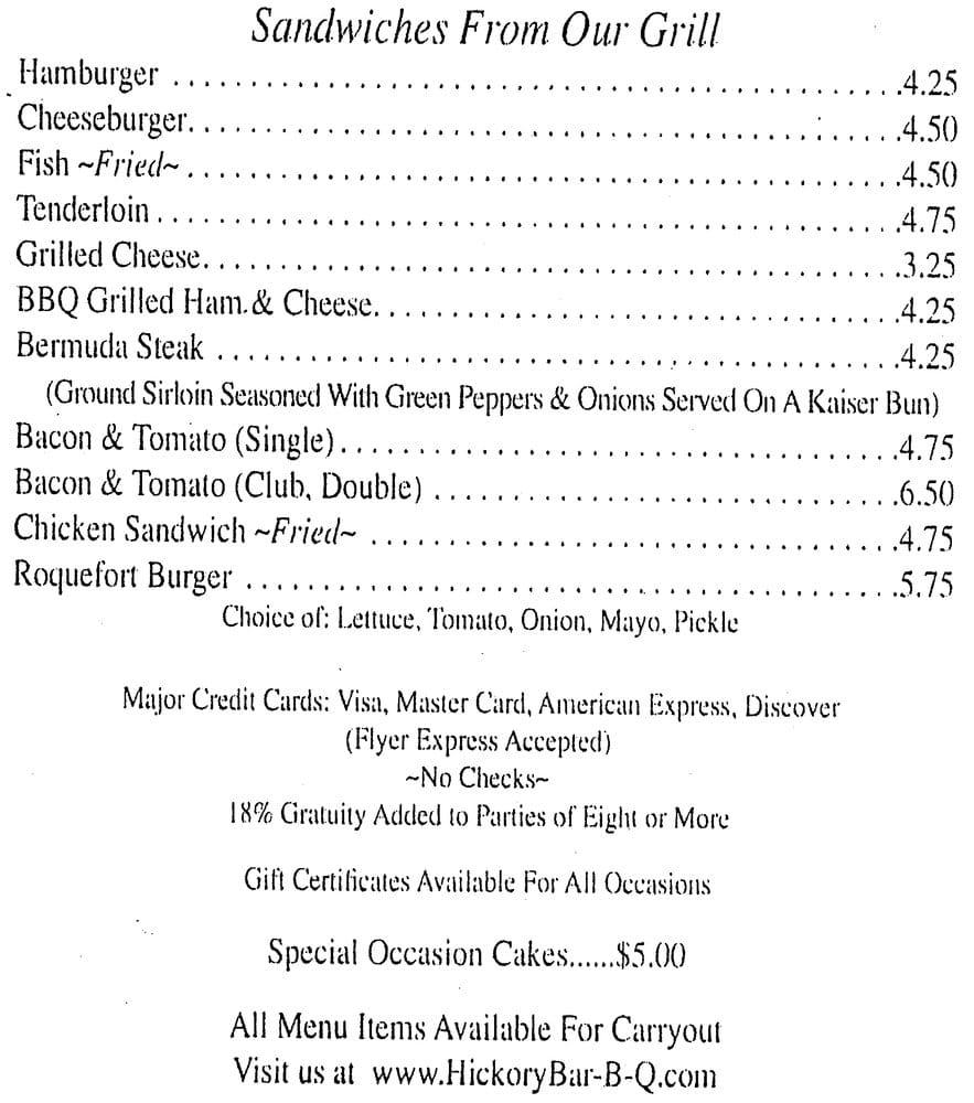 Menu at Hickory Bar-B-Q, Dayton