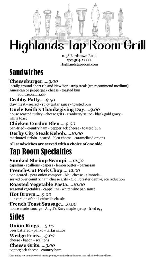 Menu at Highlands Tap Room pub & bar, Louisville, 1056 Bardstown Rd