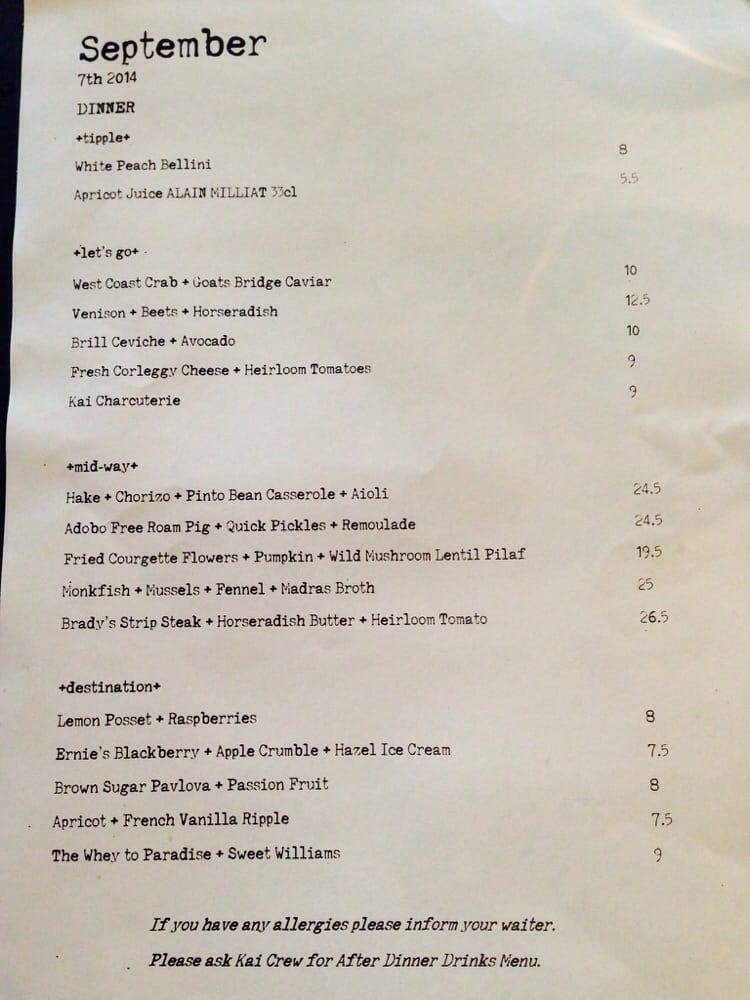 Menu at Kai Restaurant, Galway