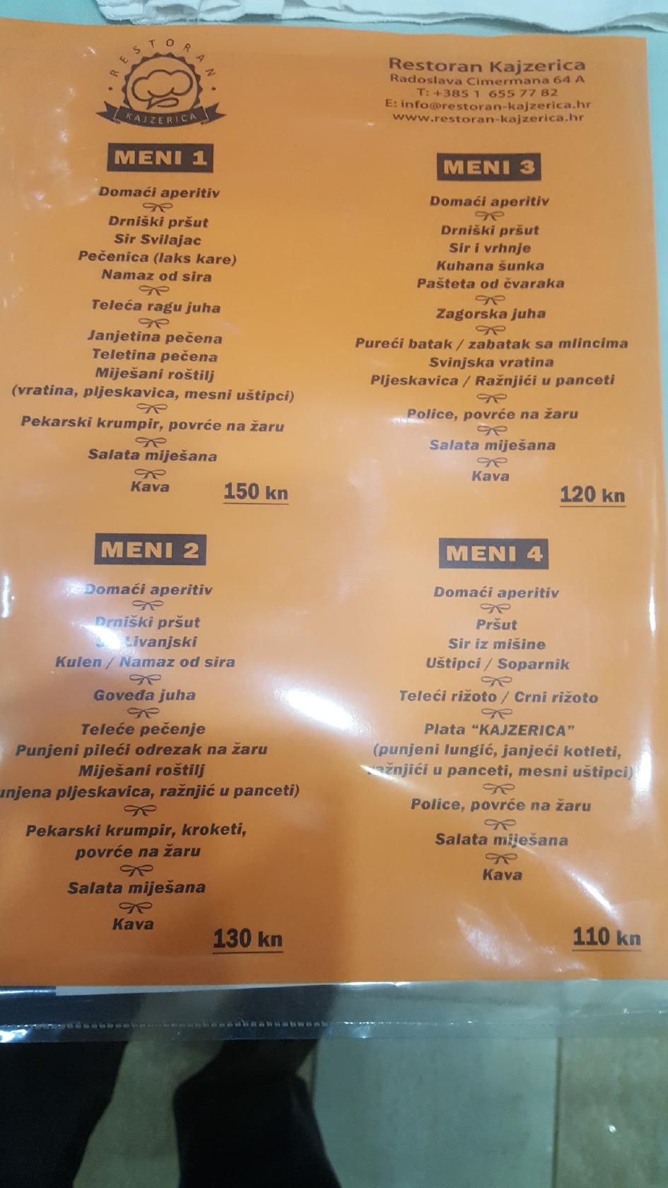 Menu at Restaurant Kaiser, Zagreb