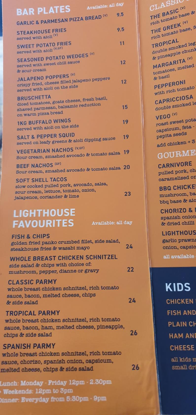 Menu at Lighthouse Pub, Belconnen