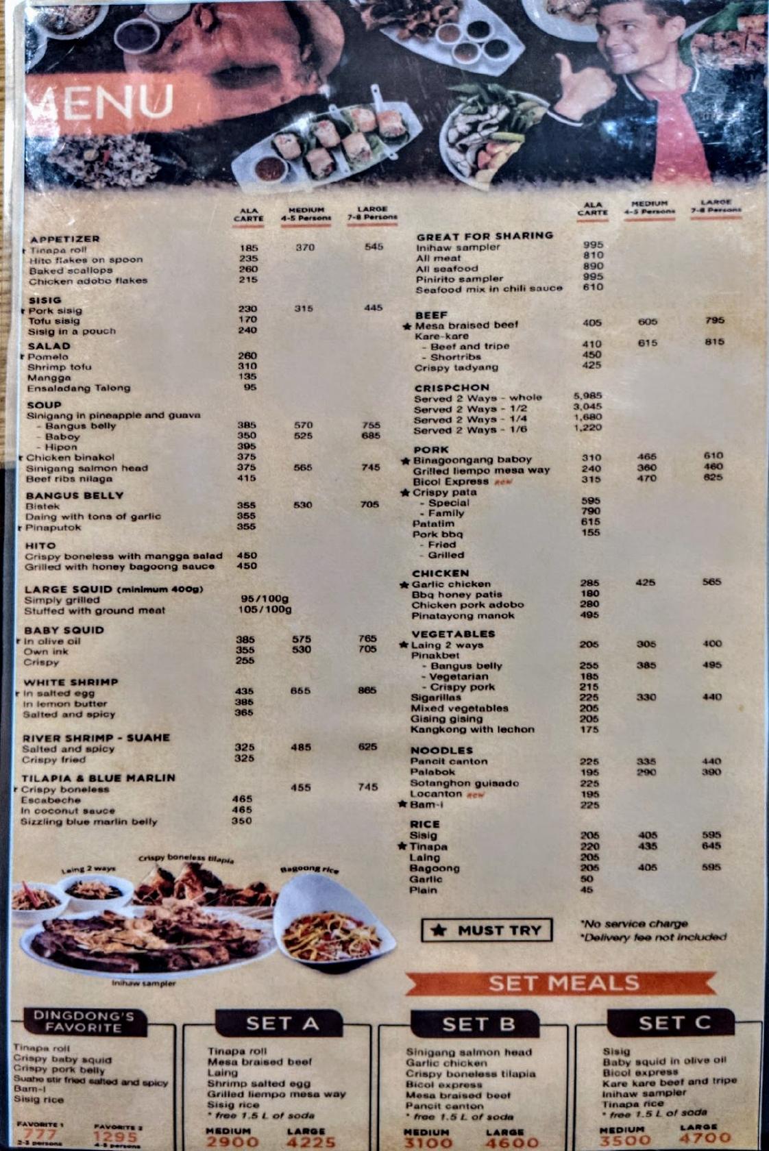 Menu at Mesa UP Town Center restaurant, Quezon City, C172/C173 Ayala ...