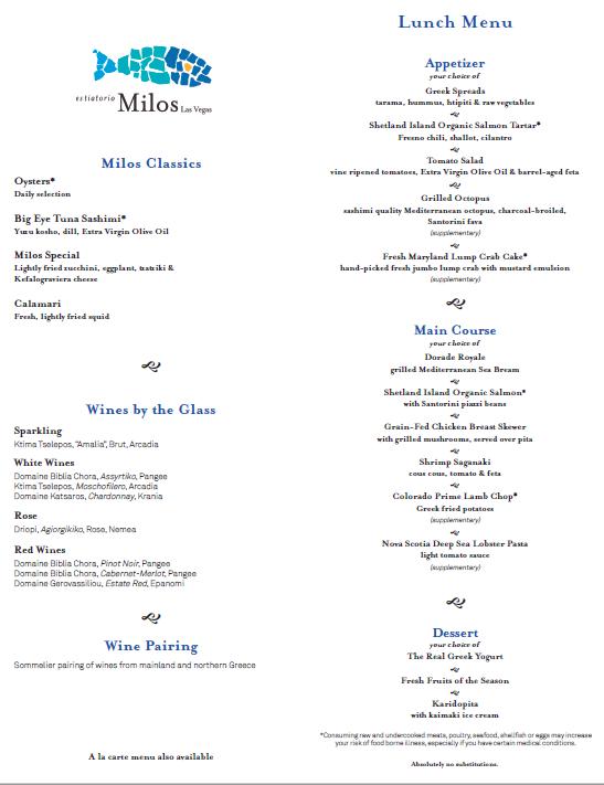 Menu at estiatorio Milos Las Vegas restaurant, Las Vegas, S Las Vegas Blvd