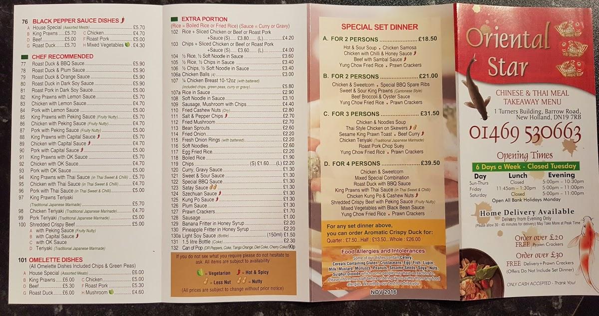 Menu at Oriental Star restaurant, New Holland, Turners Bldg