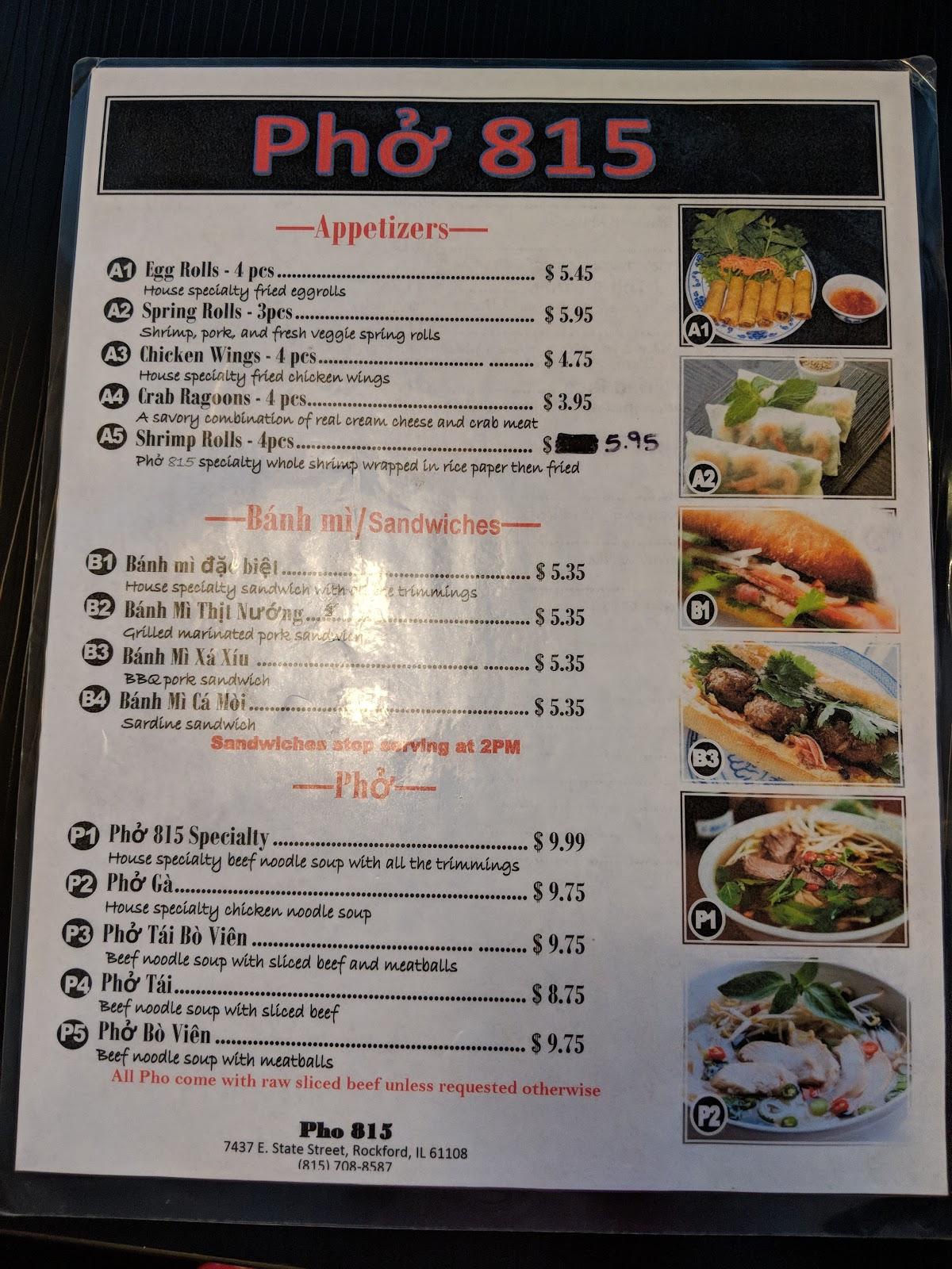 Menu at Pho 815 restaurant, Rockford, E State St