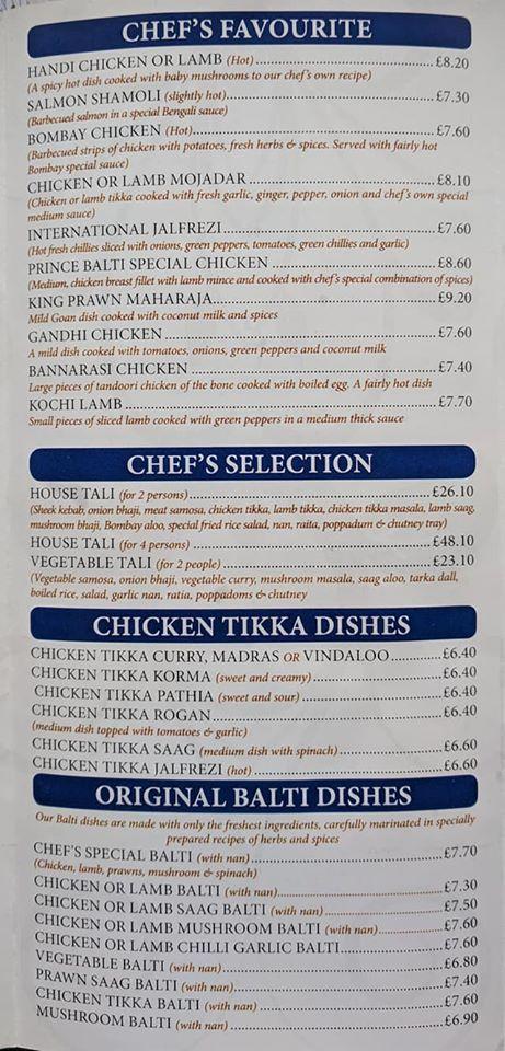 Menu at Prince Balti restaurant, Bridgend