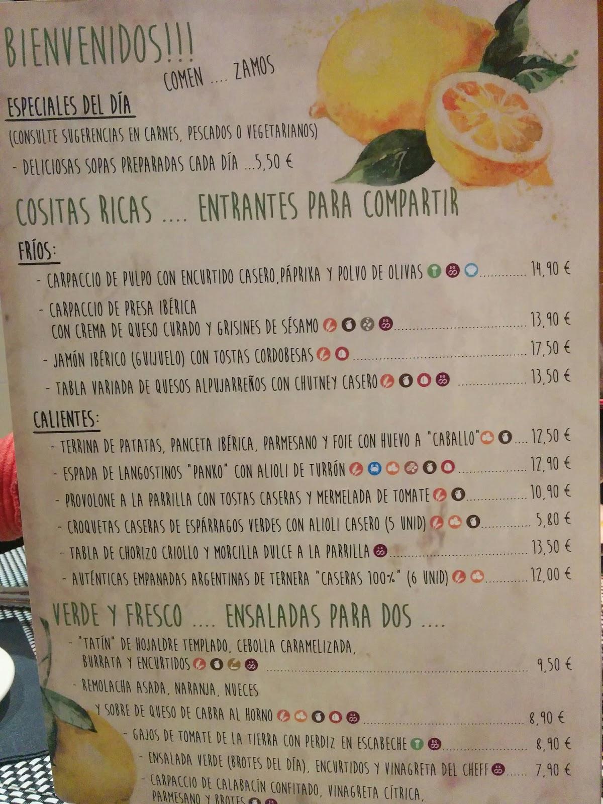 Carta de Restaurante El Limonero, Órgiva