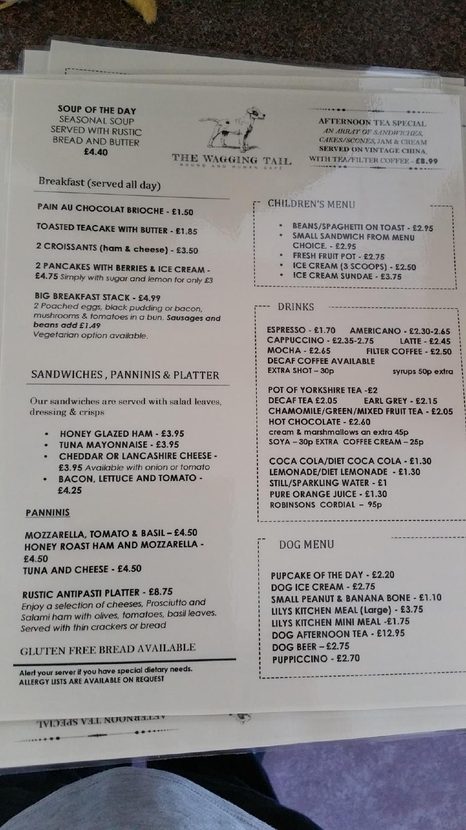 Menu at The Wagging Tail Cafe, Southport