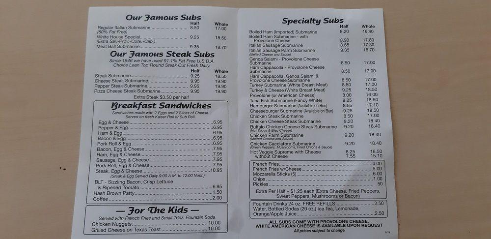 Menu at White House Subs fast food, Atlantic City, Boardwalk
