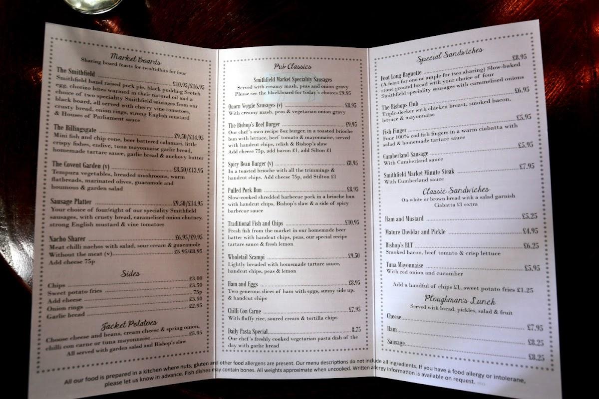 Menu at Bishops Finger pub & bar, London, 9-10 W Smithfield