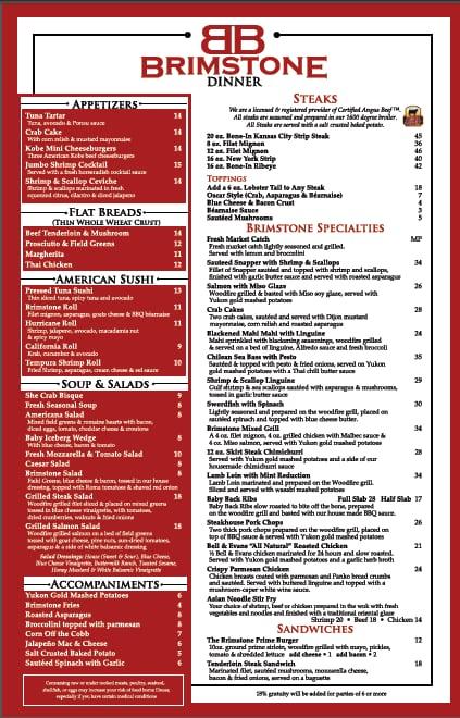 Menu at Brimstone Woodfire Grill steakhouse, Pembroke Pines