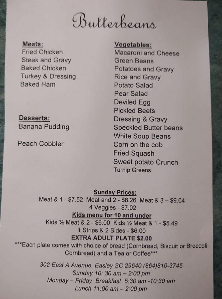 Menu at Butterbeans Restaurant, Easley