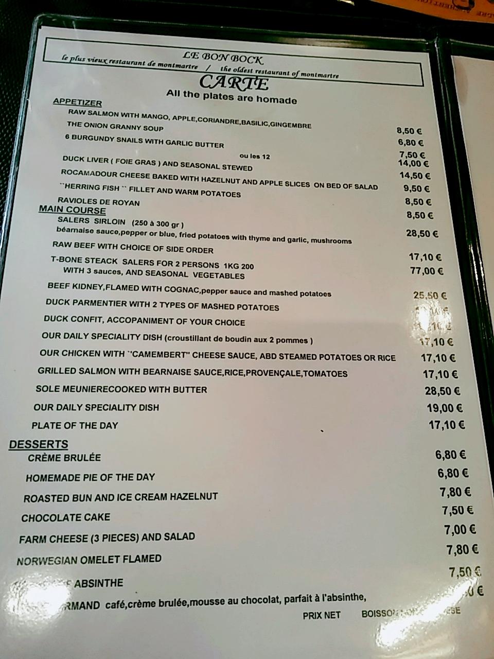 Menu au LE BON BOCK restaurant, Paris