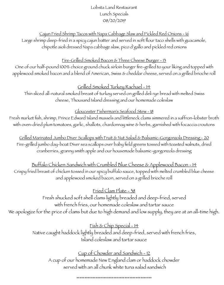 Menu at Lobsta Land Restaurant, Gloucester