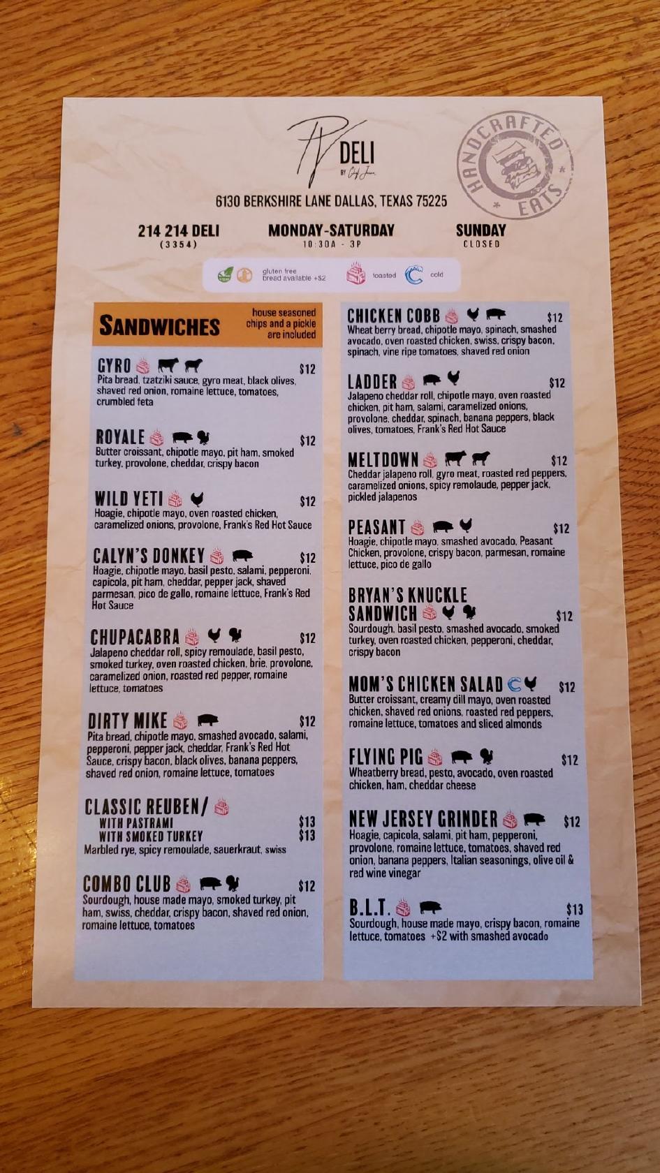 Menu at PV Deli by Chef Jason restaurant, San Angelo