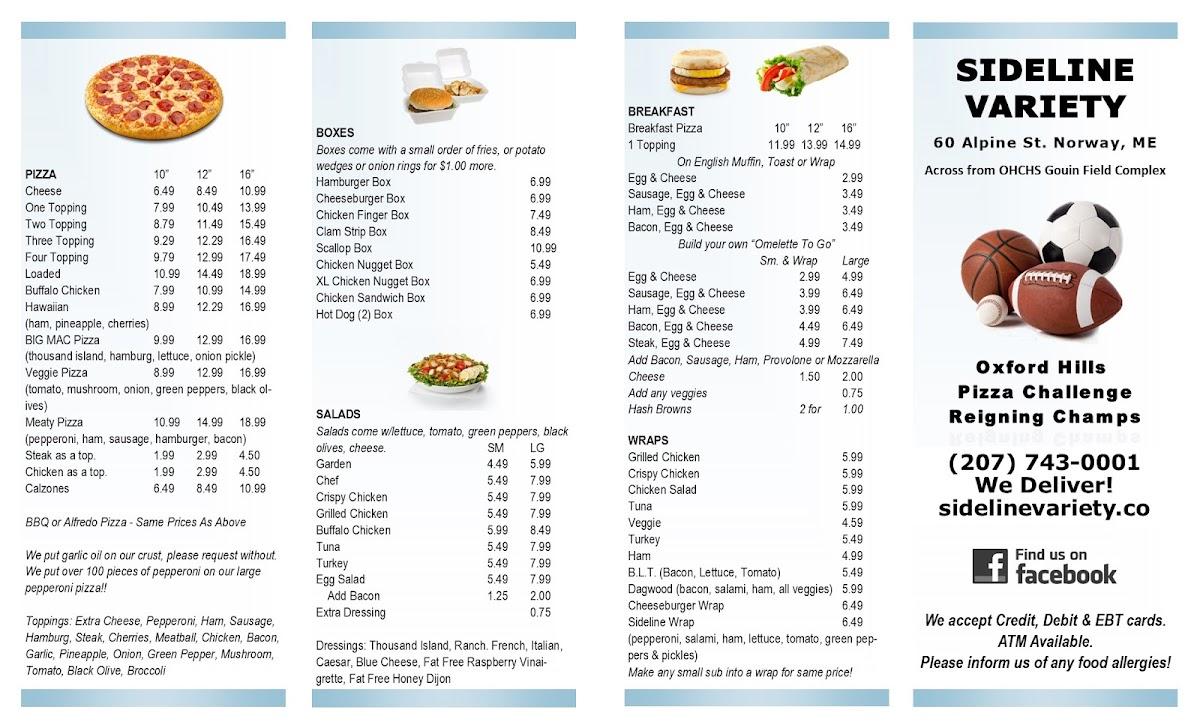 Menu at Sideline Variety pizzeria, Norway