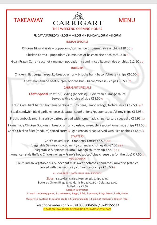 Menu at The Carrigart restaurant, Carrigart