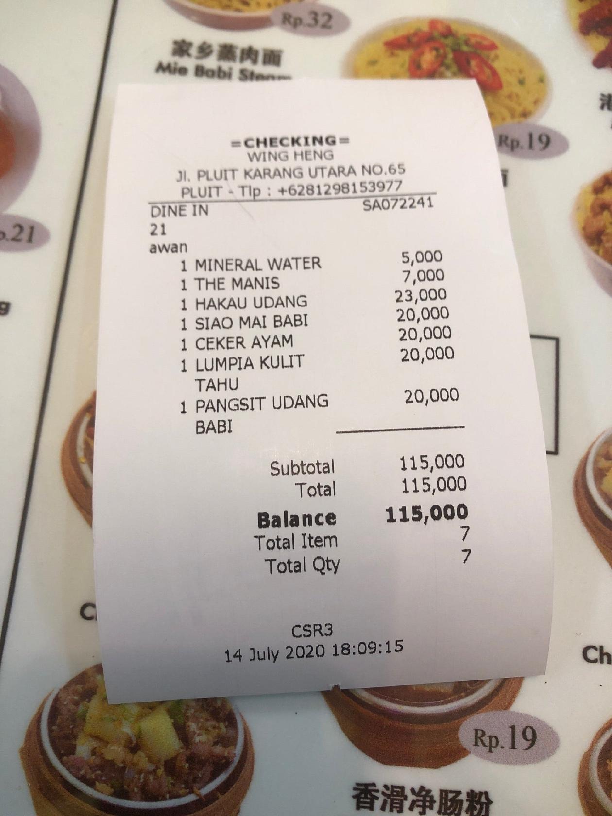 Menu at Wing Heng Hongkong Dimsum Shop restaurant, Jakarta, Jalan Pluit ...