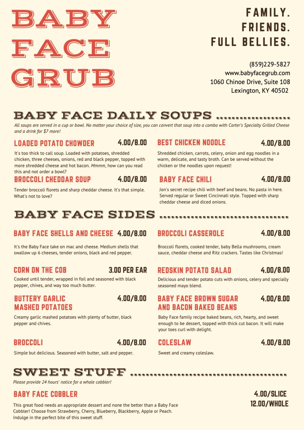 Menu at Baby Face Grub BBQ, Lexington