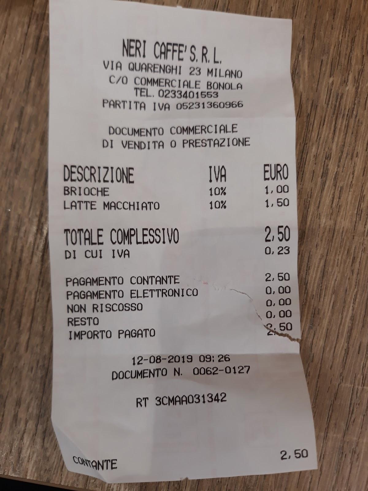 Menu at Bar Centrale, Milan, Via Giacomo Quarenghi