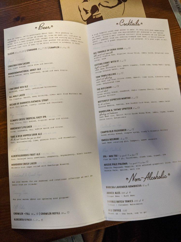 Menu at Campio Brewing Co. restaurant, Edmonton