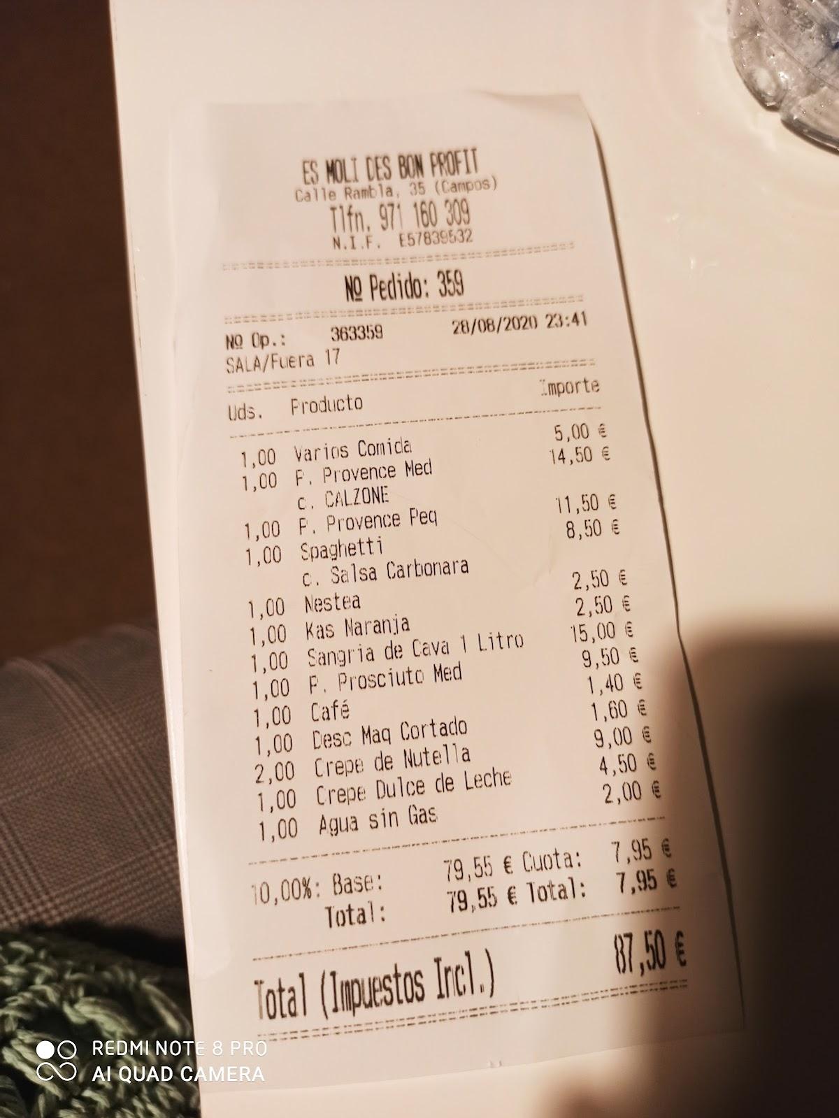 Carta del restaurante Es Molí D'Es Bon Profit, Campos