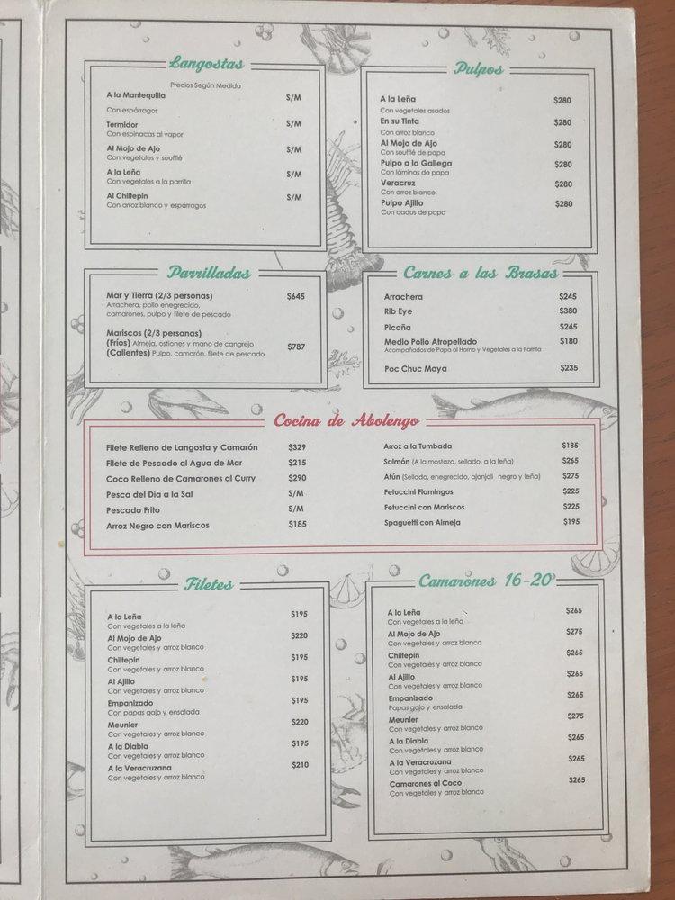 Menu at Flamingos restaurant, Cancún