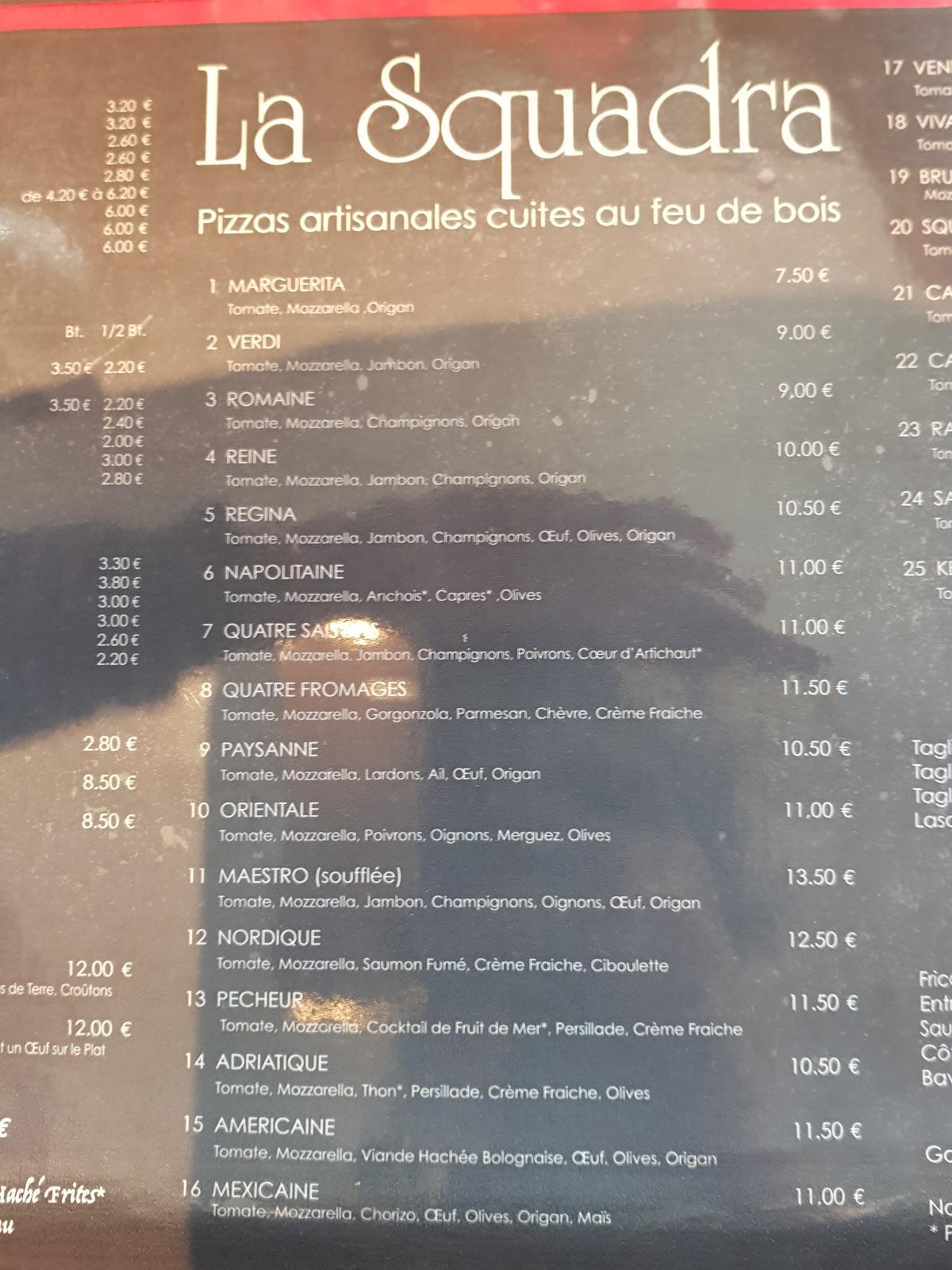 Menu at La Squadra pizzeria, Hédé-Bazouges