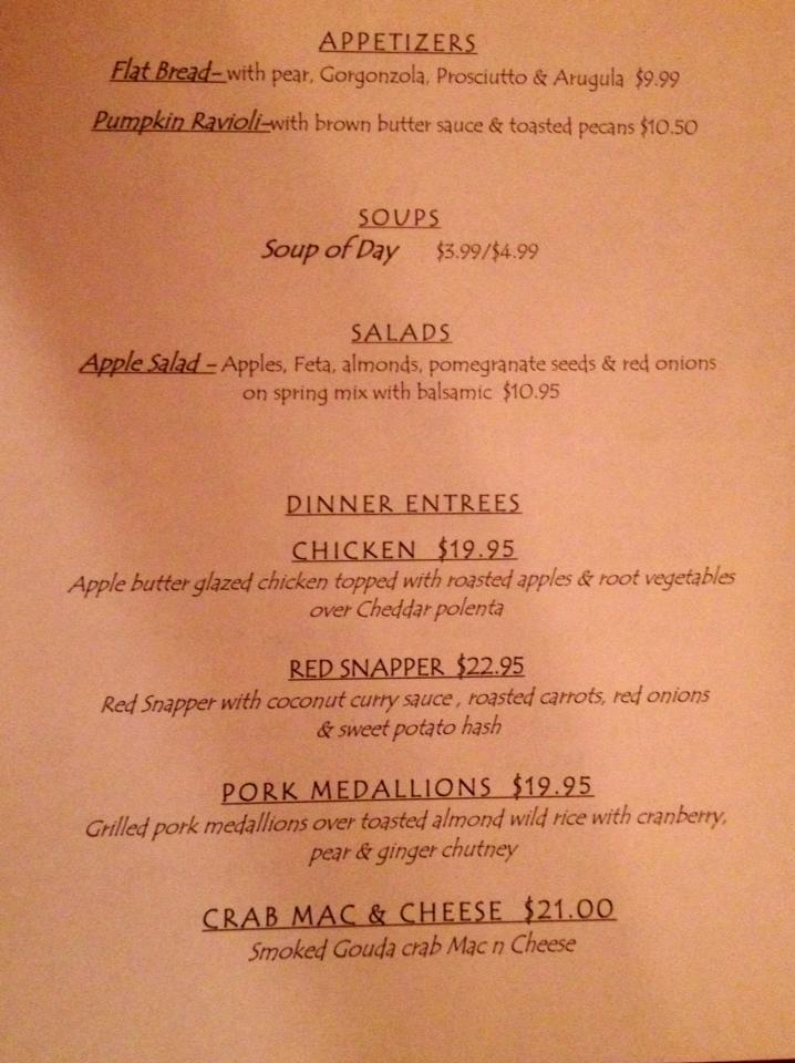 Menu at Morgan's restaurant, Allentown