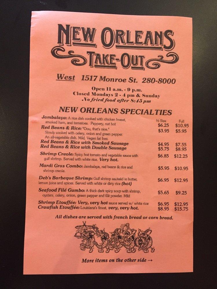 Menu at New Orleans Take-Out restaurant, Madison, Monroe St