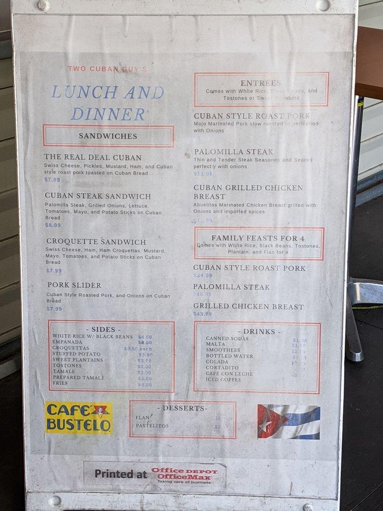 Menu at Two Cuban Guy's Home of Garcia's Place restaurant, Lake City